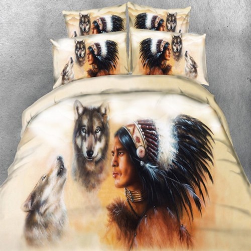 Indian Feather Wolf Quilt Duvet Doona Cover Set Queen/King Size Bed ...
