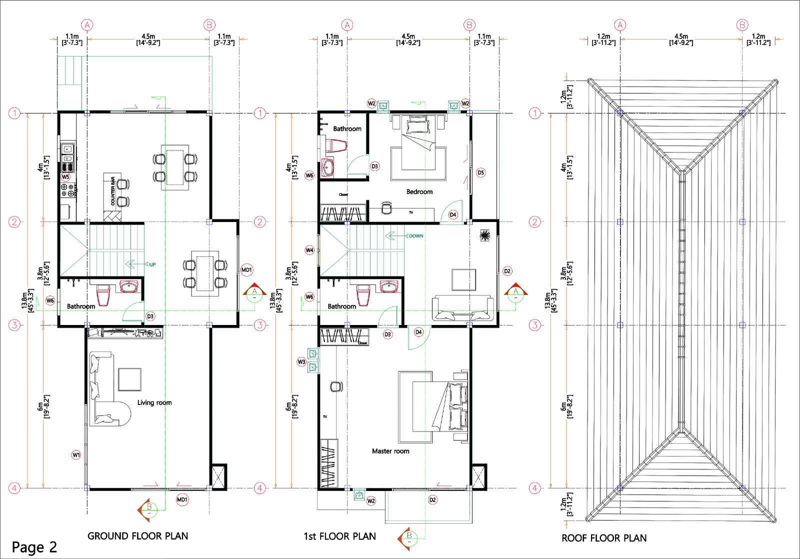 15x45 Feet House Plan 4.5x13.8 Meter 2 Bed 3 Bath PDF Full Plans (A4 ...