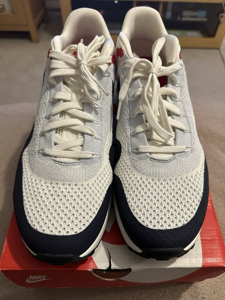 *Brand New Nike Air Max 1 Ultra 2.0 Flyknit Trainers Red White Blue UK ...