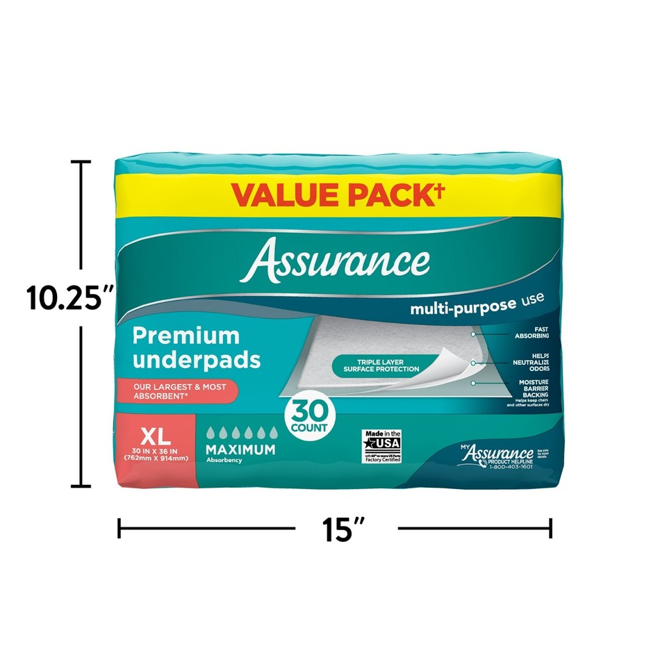 Assurance Maximum Absorbency Unisex Premium Quilted Underpad, XL 30 ...