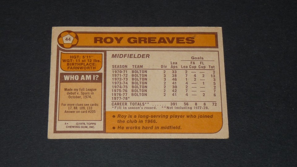 ROY GREAVES BOLTON WANDERERS TROTTERS FOOTBALL CARD 1978 TOPPS ORANGE ...