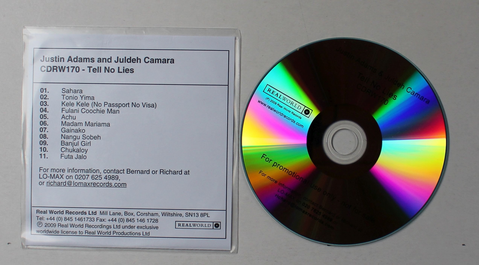 Justin Adams & Juldeh Camara Tell No Lies UK ADV CDR 2009 Real World ...