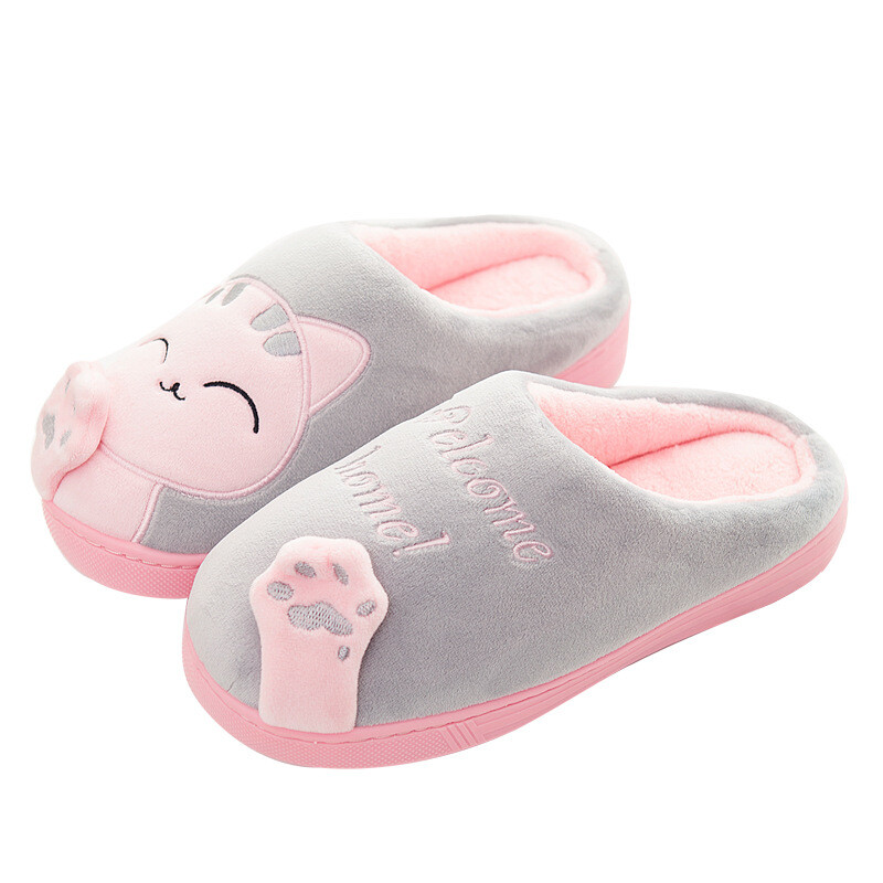 Unisex Cute Cat Plush Slippers Indoor Winter Warm Soft Anti-Slip House ...