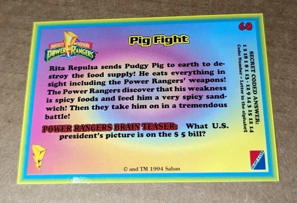 1994 Saban Mighty Morphin Power Rangers # 60 PIG FIGHT Trading Card TV ...