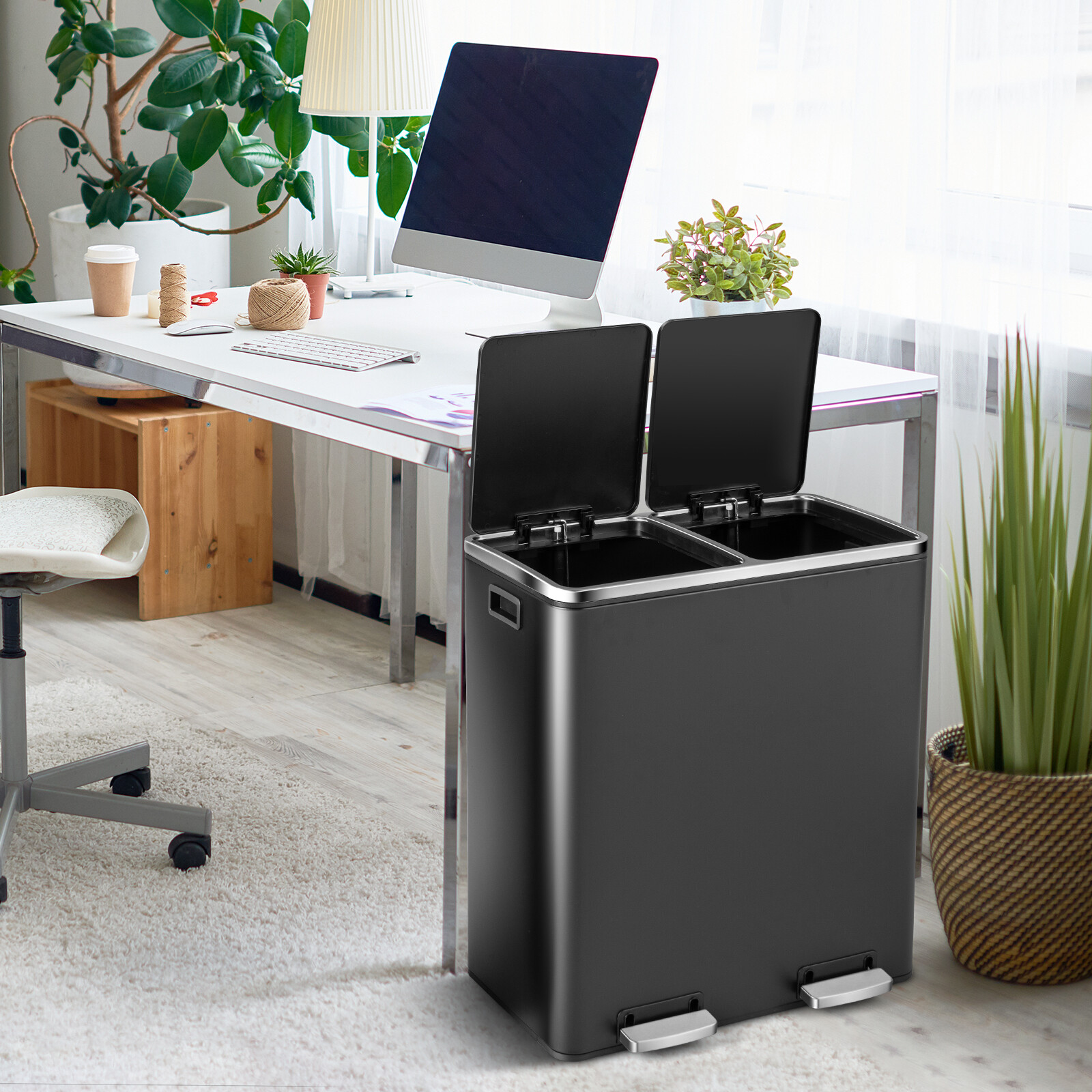2 x 8 Gal Kitchen Garbage Can w/Dual Compartments, Silent Closure ...