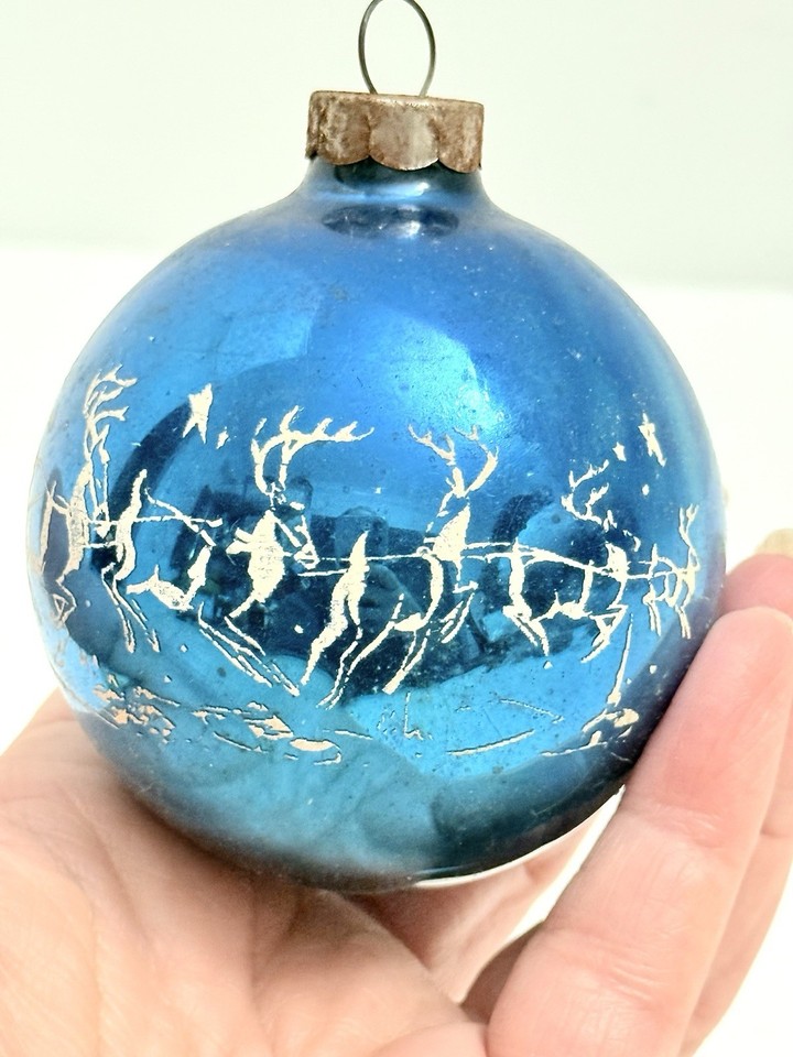 Vintage Shiny Brite Blue Ornament Shiny Bright Santa And Reindeer ...
