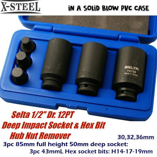 Selta Taiwan Bi-Hex 12PT 85mmL Deep Impact Socket & Hex Bit 6pc Hub Nut ...