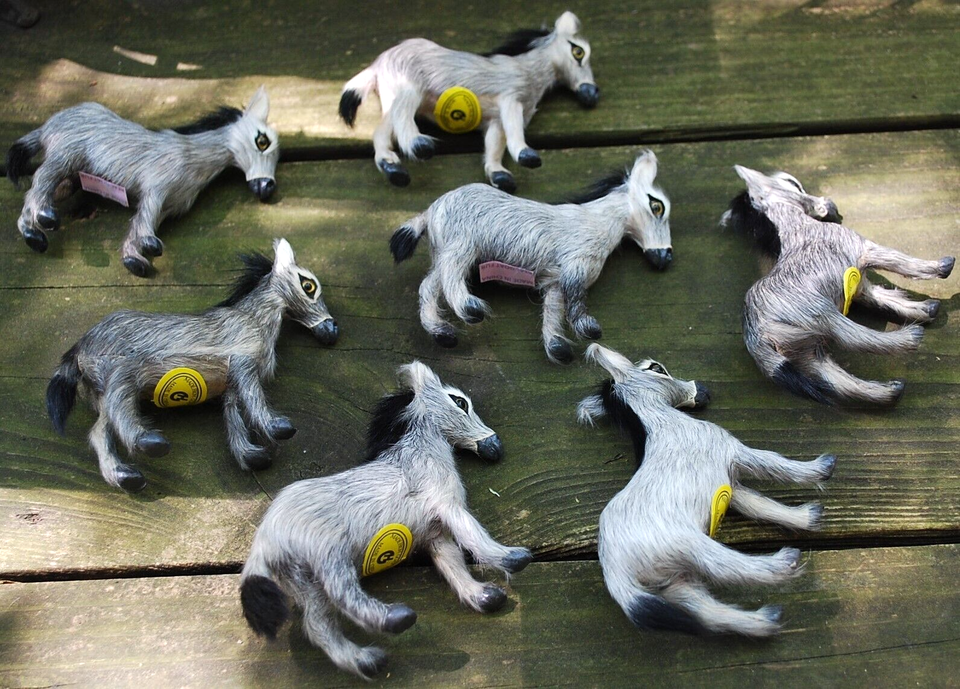 SET 7 Vtg 3.5" HANDMADE DONKEY BURRO FIGURINES Lifelike REAL GOAT FUR w ...