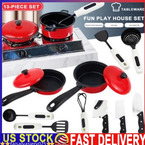 13Pcs Kids Play Childrens Toy Kitchen Cooking Utensils Pots Pans ...