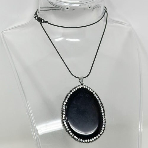 Vintage Black Agate Rhinestone Trim Oval Pendant Sterling Silver 925 ...