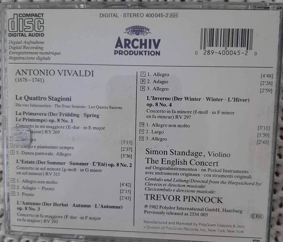 Vivaldi: Le Quattro Stagioni (CD, Mar-1983, Archiv Produktion (DG Sub ...