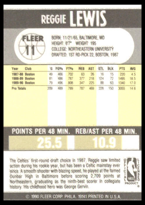 1990 Fleer #11 Reggie Lewis Boston Celtics Basketball Card | eBay