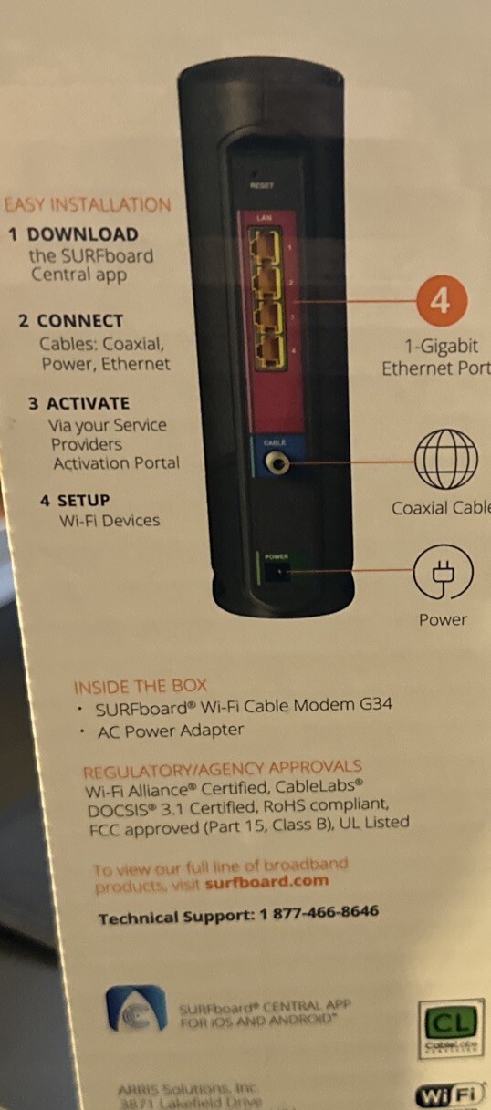 ARRIS G34 3.1 Gigabit 4 Ports Surfboard Cable Modem (82715943 ...