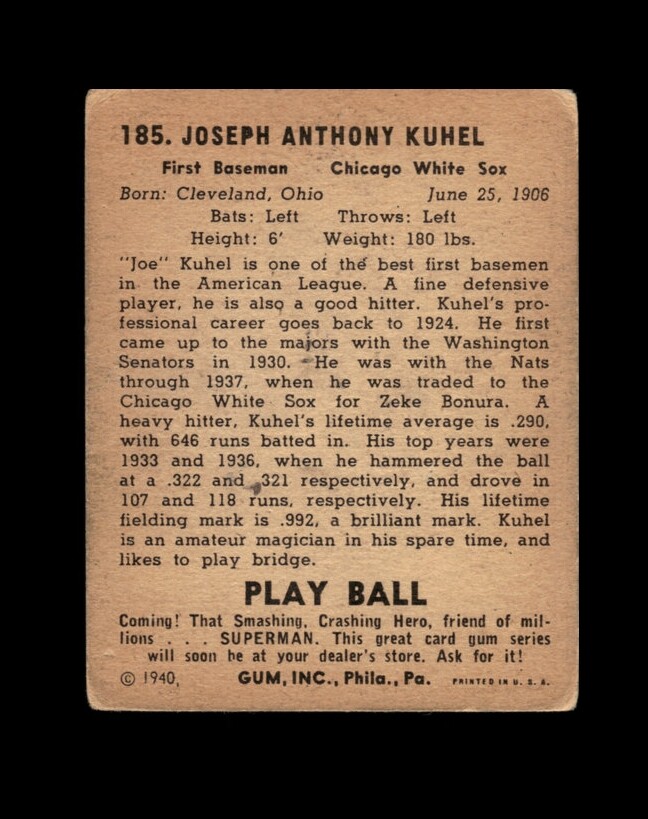 1940 Play Ball Set-Break #185 Joe Kuhel LOW GRADE *GMCARDS* | eBay