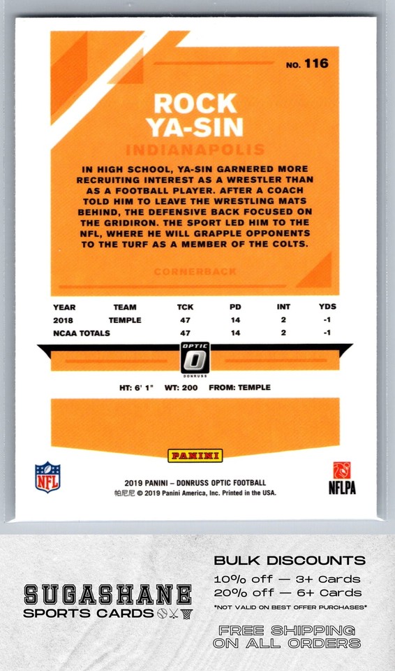 2019 Donruss Optic 116 Rock Ya-Sin Indianapolis Colts RC Football Card ...