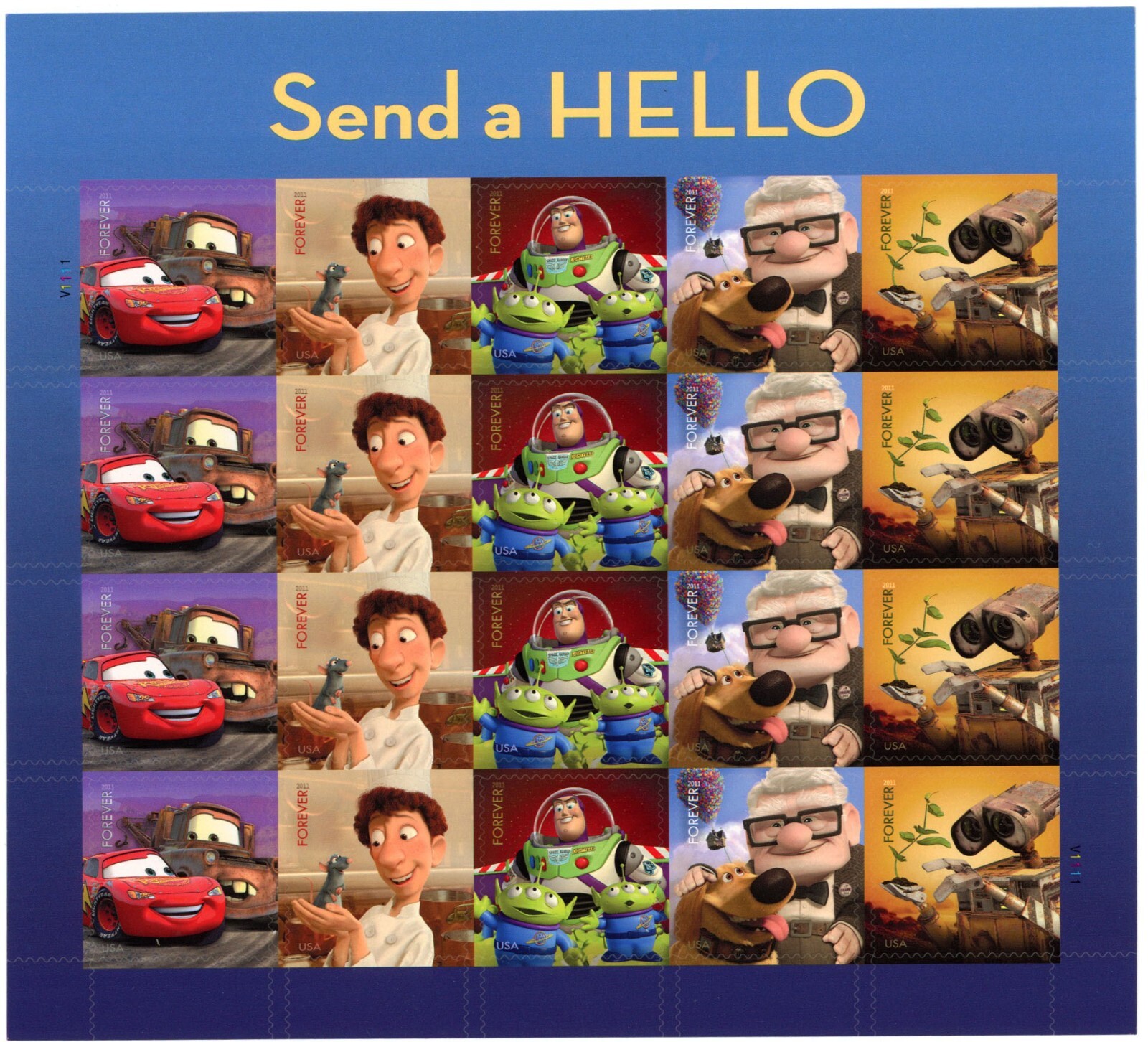 2010 USPS Forever Stamp Sheet "Send a Hello" Disney/Pixar Sheet of 20 ...