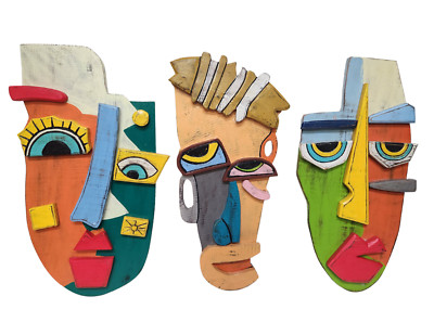 3 PC ABSTRACT Wood Picasso Style Tiki Wall MASKS Statues Sculpture Home ...