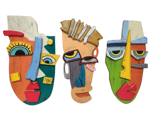 3 PC ABSTRACT Wood Picasso Style Tiki Wall MASKS Statues Sculpture Home ...
