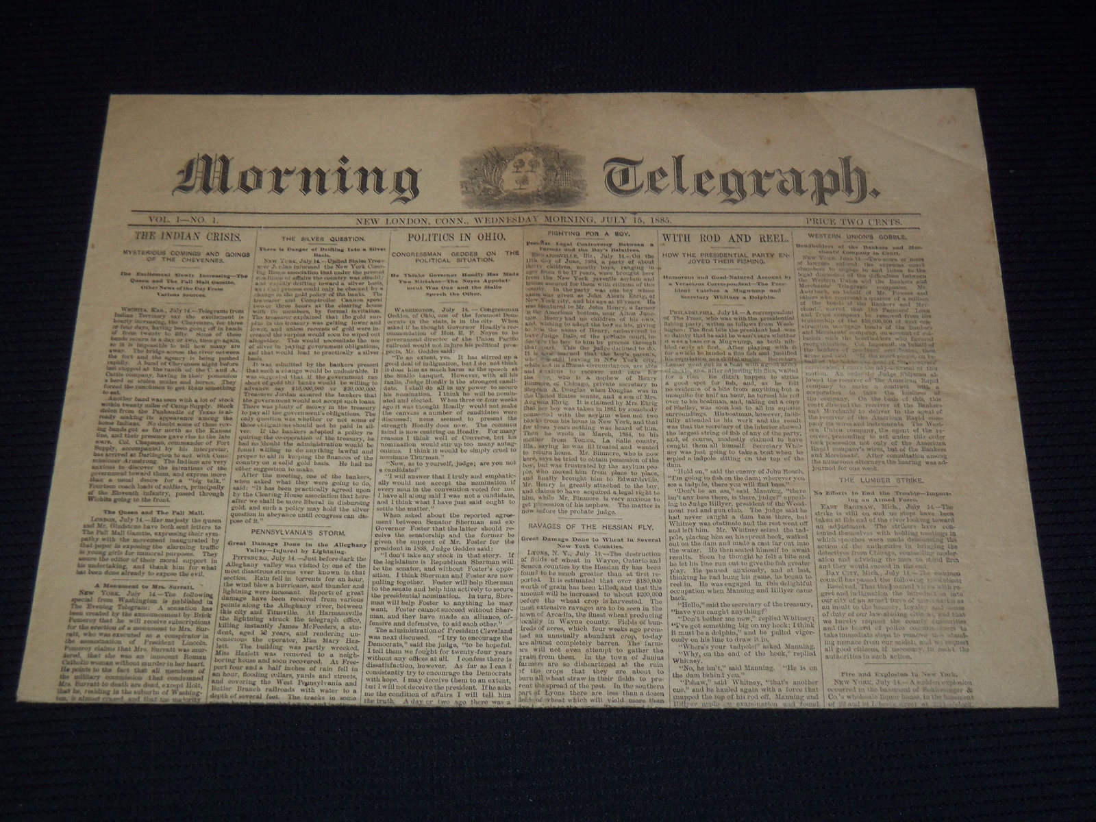 1885 JULY 15 MORNING TELEGRAPH NEWSPAPER VOLUME 1 NO. 1 - CONNECTICUT ...