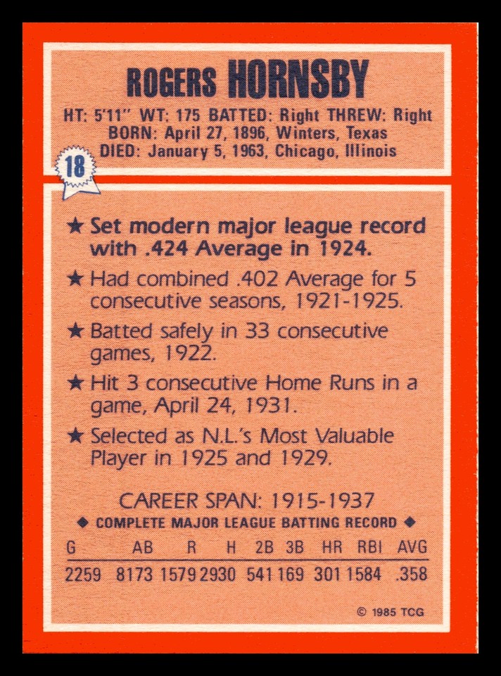 1985 Topps Woolworth Rogers Hornsby HOF #18 St. Louis Cardinals Mint | eBay