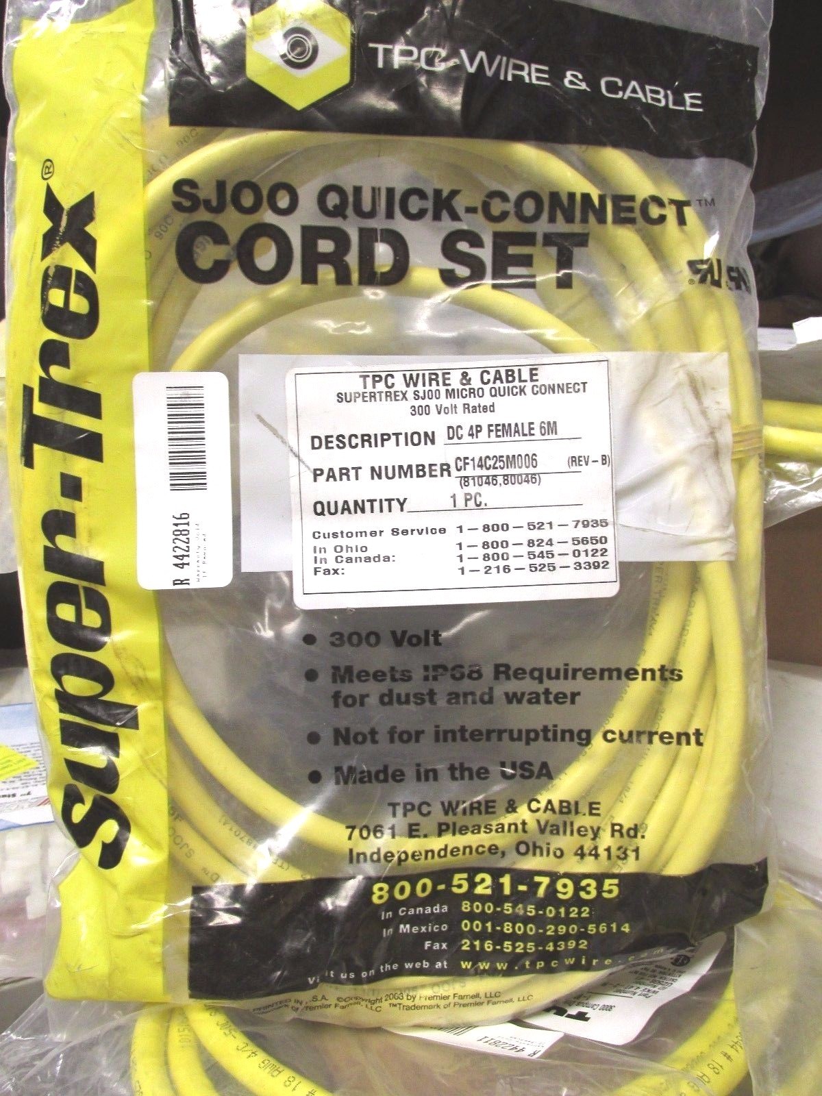 * TCP WIRE CABEL QUICK-CONNECT CORD SET CF14C25M006 DC4P FEMALE 6M ...