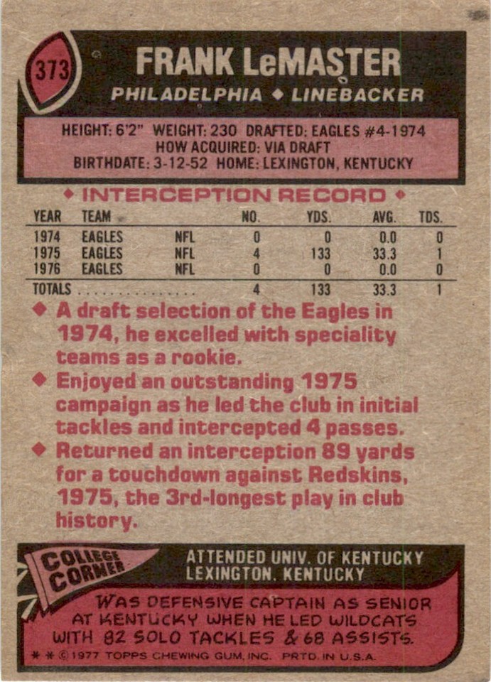 1977 Topps Frank LeMaster Philadelphia Eagles #373 | eBay