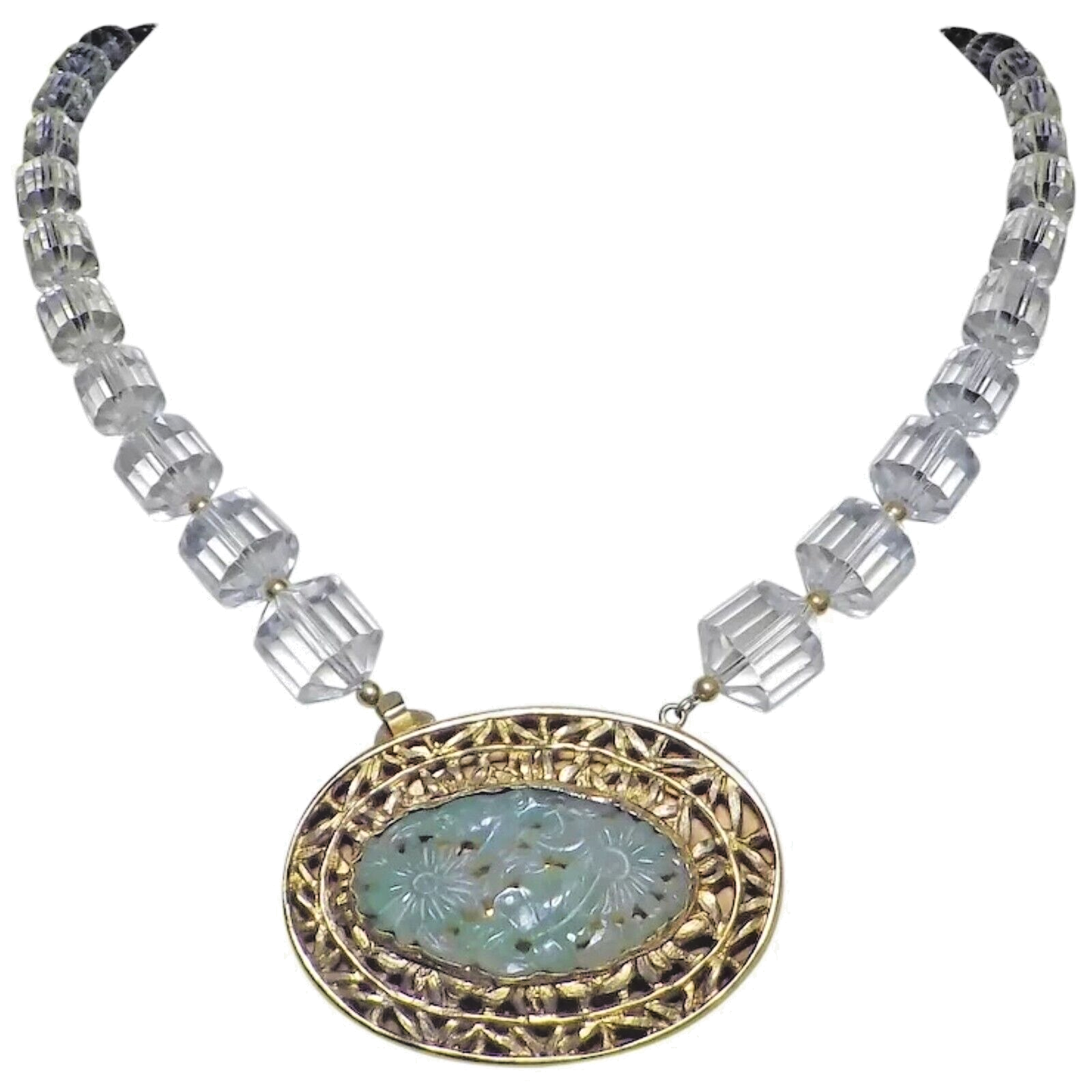 Vintage Chinese Art Deco Carved Rock Quartz Green Jadeite Jade Pendant ...