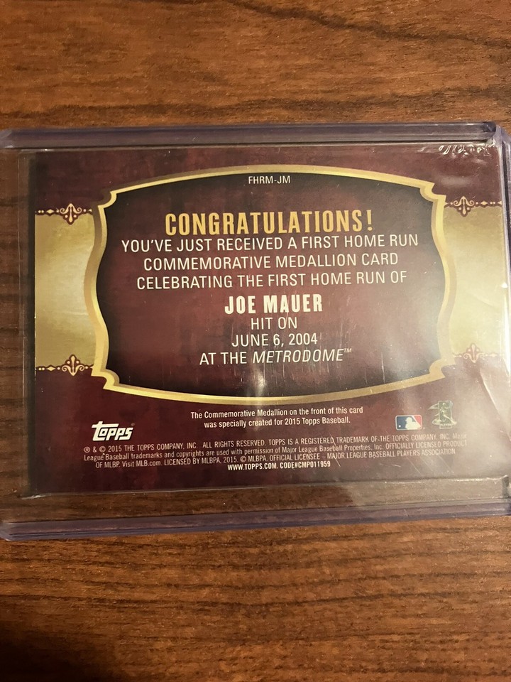 2015 Topps Joe Mauer First Home Run Commemorative Medallion Card Twins ...