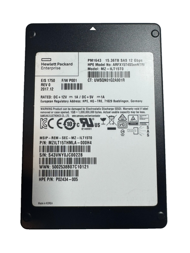 HPE Samsung PM1643 15.36TB 2.5" SAS SSD 12Gbps/512b/s/Excellent HEALTH ...