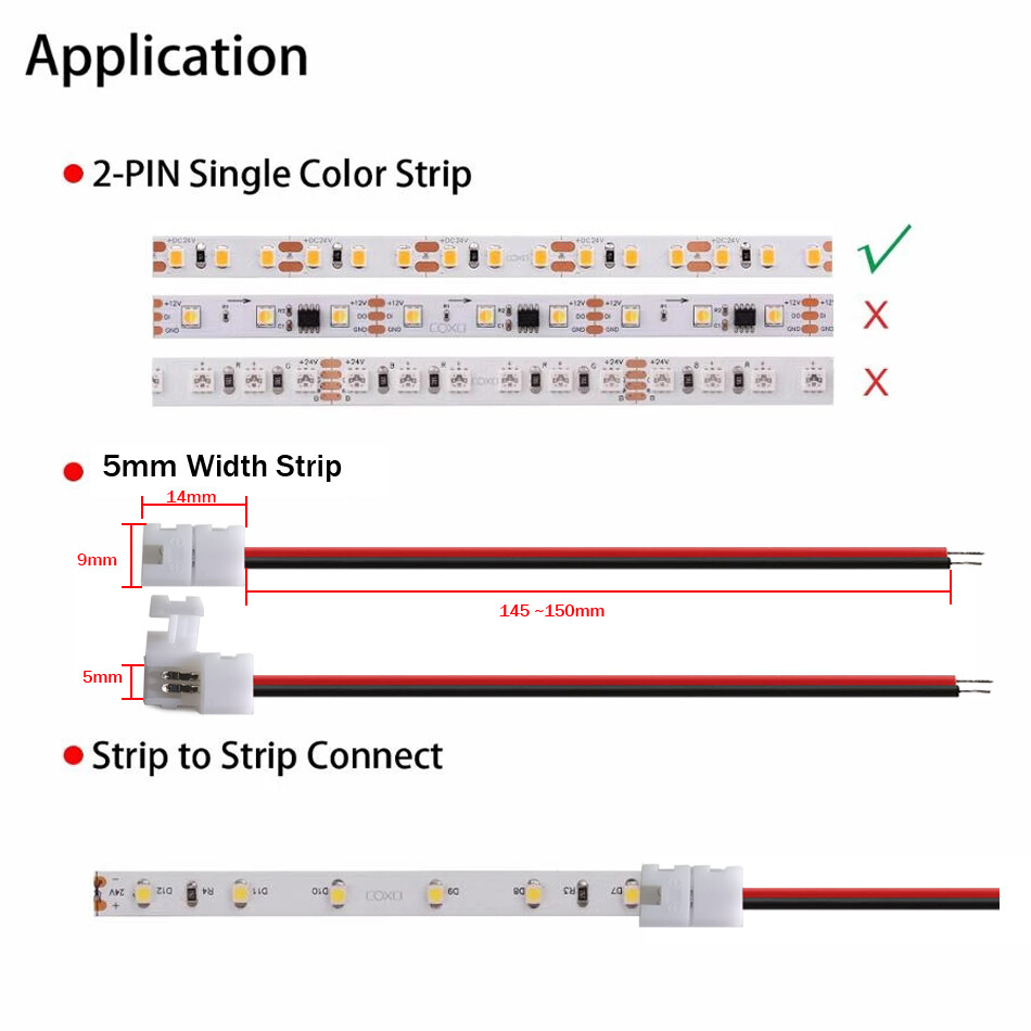 5mm 2pin LED Strip Light Connector Cable 20 AWG For 2835 5mm Single led ...