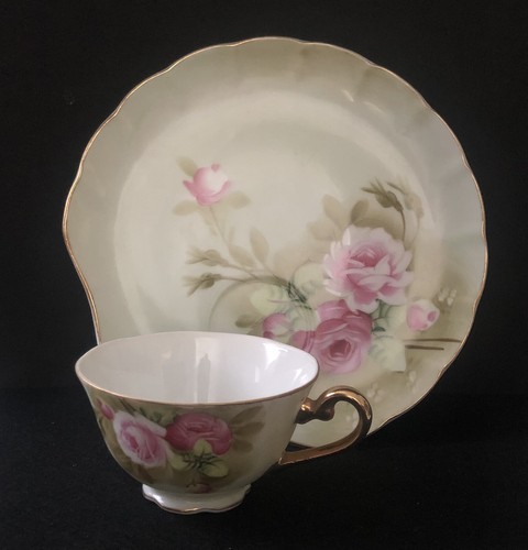 Vintage Lefton Japan China Tea Cup + Saucer Plate Pink Rose & Gold ...