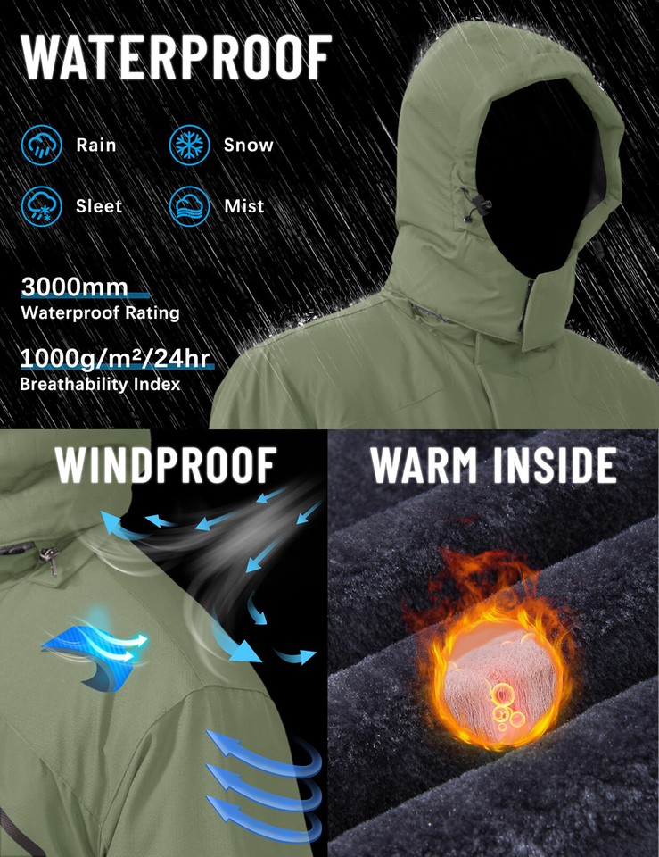 Men's Waterproof Ski Jacket Winter Warm Jackets Snow Thermal Fleece ...
