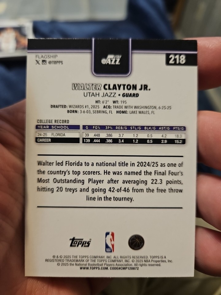 Walter Clayton Jr. Rookie RC 2025/26 Topps NBA Basketball Card #218 ...