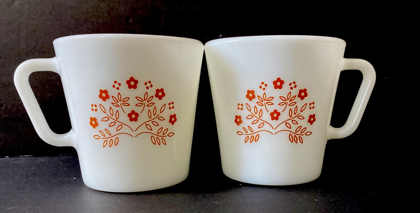 Vintage 2 Pyrex Milk Glass Coffee Cups with Brown Floral Image on Both ...