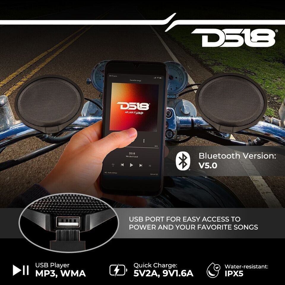 DS18 2.5" Bluetooth Pods Speakers Amplified Motorcycle Handlebar Mount ...