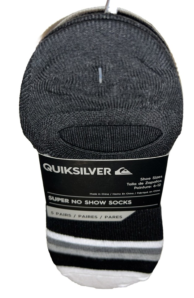 Quicksilver No Show Socks 5 Pair Men's 6-12 Black White Gray Mixed Surf ...