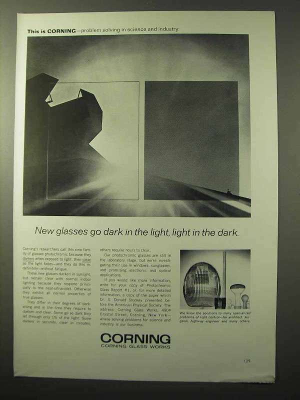 1964 Corning Photochromic Glass Ad - Dark in the Light | eBay
