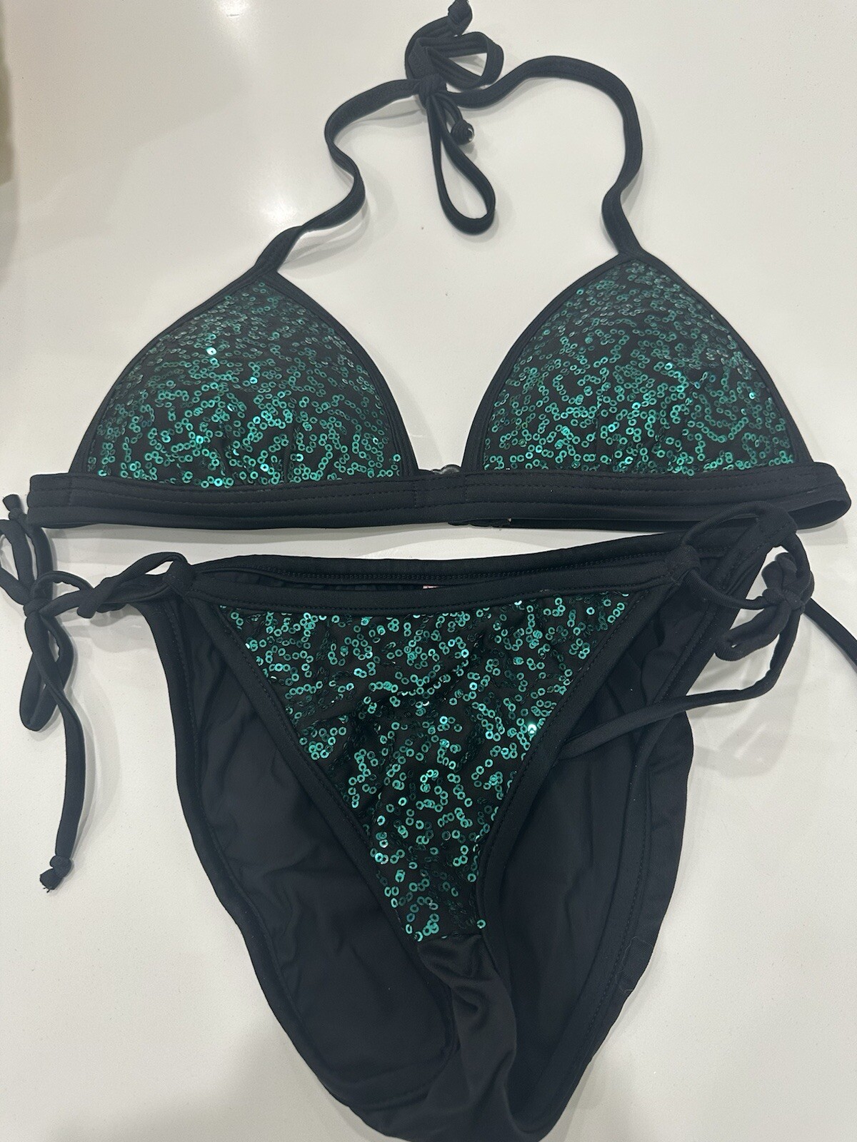 Venus Emerald Sequin Sparkly Bikini Top & String Bott… - Gem