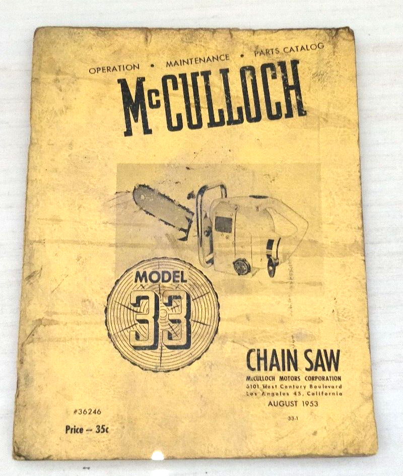 McCulloch Model 33B Chasing Saw Operation and Service Manual w Parts ...