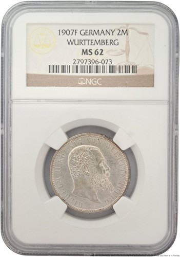 NGC MS 62 1907-F Germany Wurttemberg 2 Mark Silver 28mm Coin | eBay