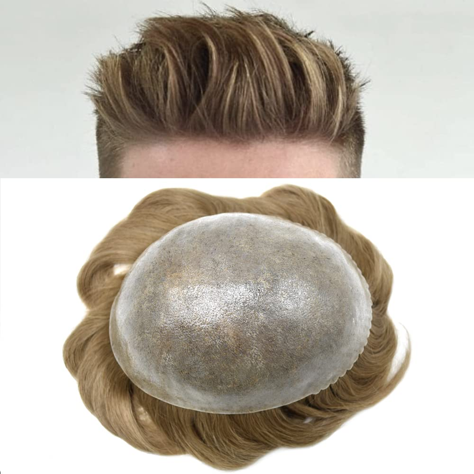 Mens Toupee Hair Replacement Hairpiece Full Poly Injected PU Human Hair ...