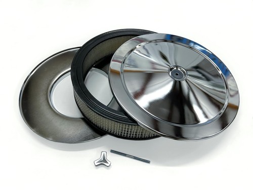 14 X 3 Round Chrome Steel Air Cleaner Assembly Flat Base Chevy SBC 350 ...