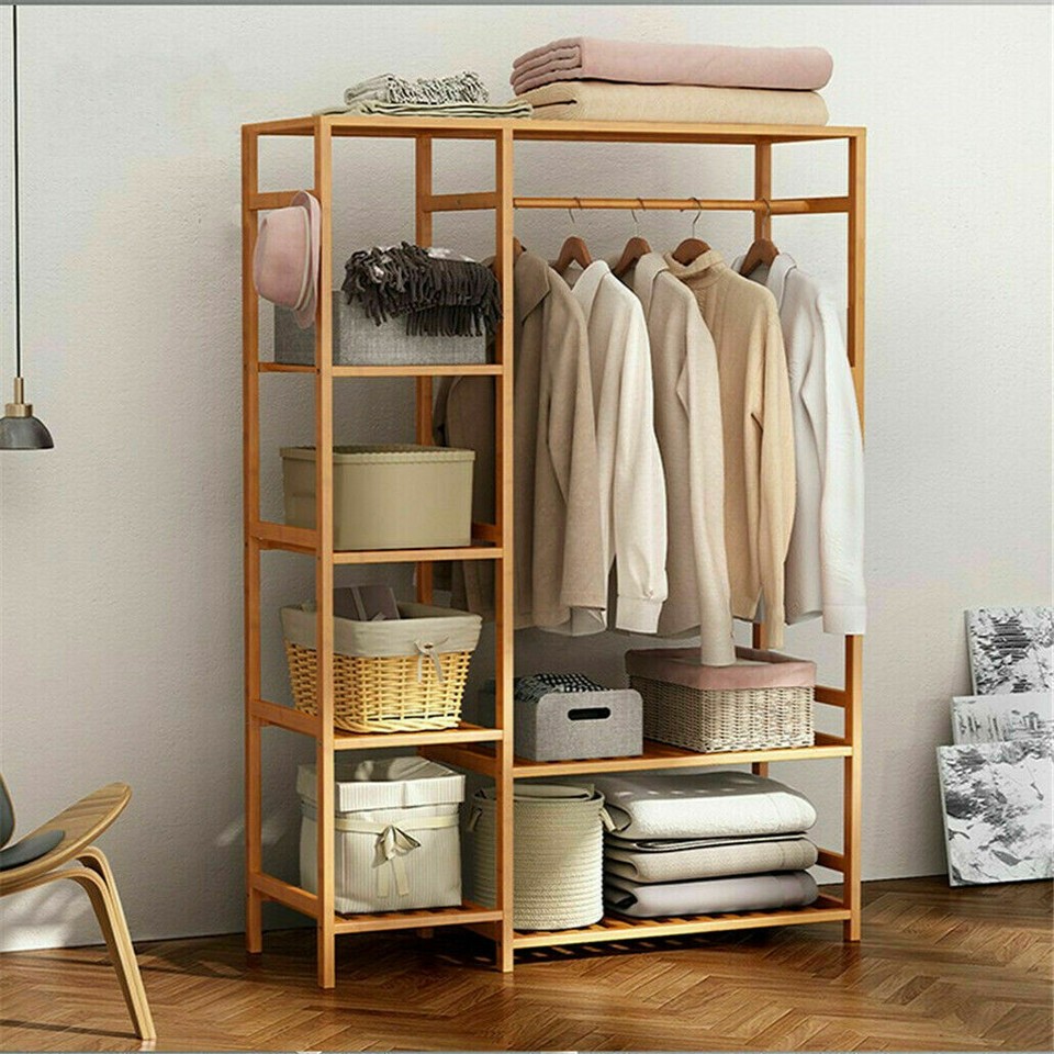 Wooden Clothes Garment Hanging Stand Shoe Rack Display Storage Shelf w ...