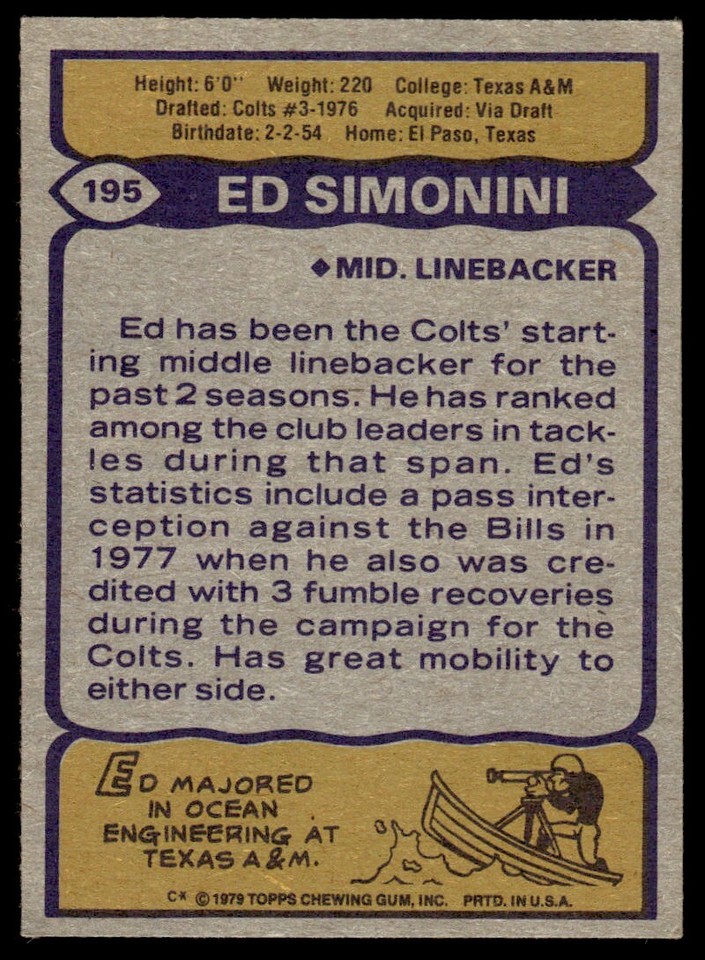 1979 Topps Ed Simonini Baltimore Colts #195 | eBay