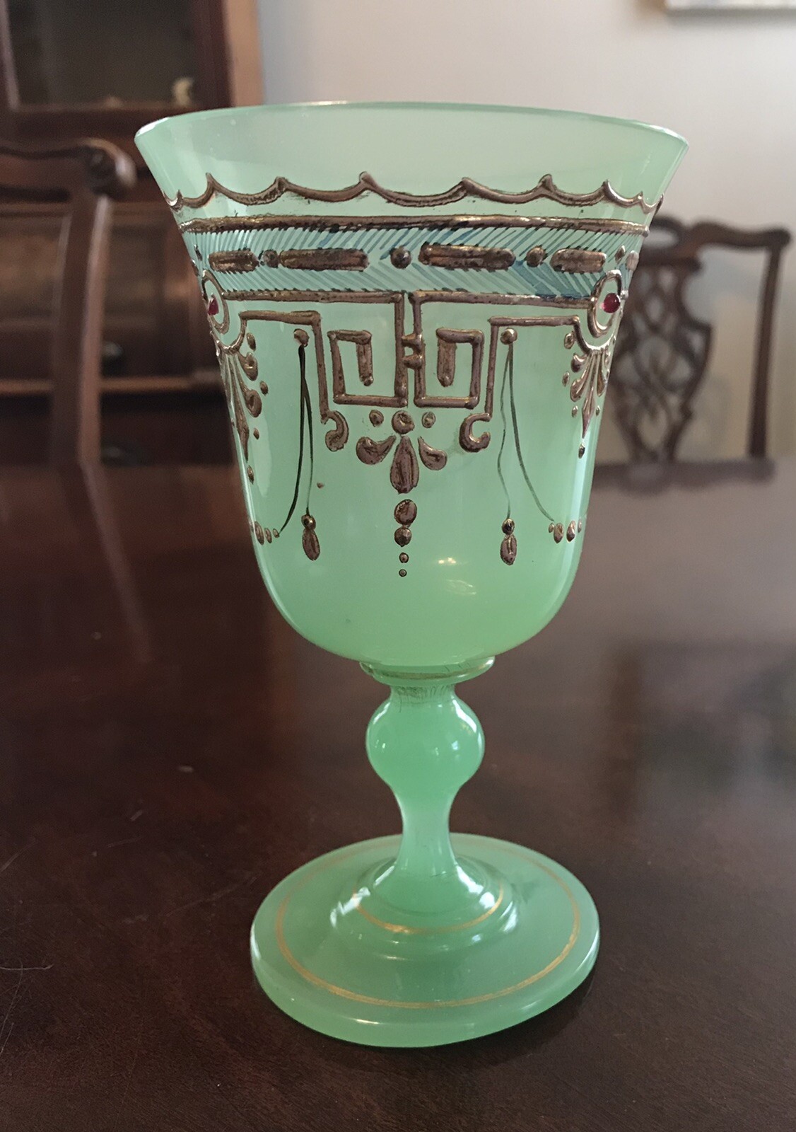 Antique Opalene Green Uranium Glass Goblet Chalice Gold Gilded Enameled ...