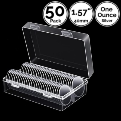 50 Pack 1.57 IN 40 mm Round Coin Capsule Holders w/ Case Fit Troy One ...
