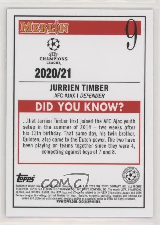 2020-21 Topps Merlin Collection Chrome UCL Jurrien Timber #9 Rookie RC ...