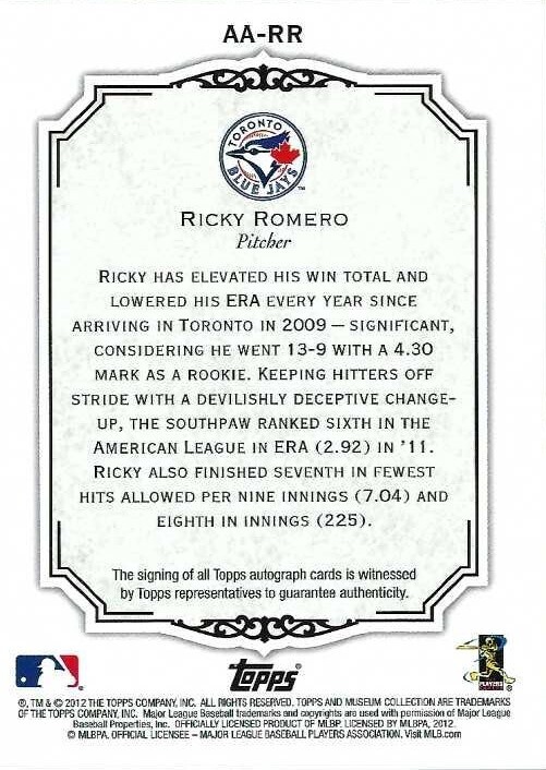 RICKY ROMERO 2012 Topps Museum Collection Autograph Auto /399 Toronto ...