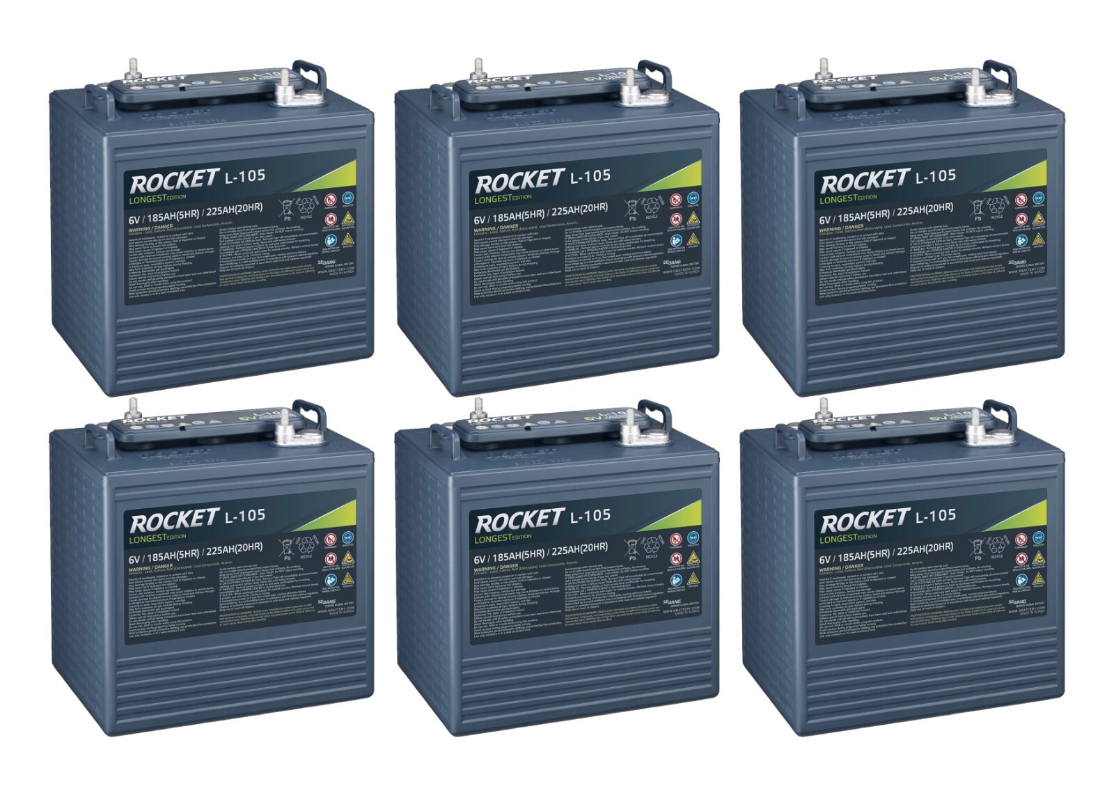 Rocket L-105 225Ah 6V Golf Cart Battery - Replaces Trojan T-105 (Set of ...