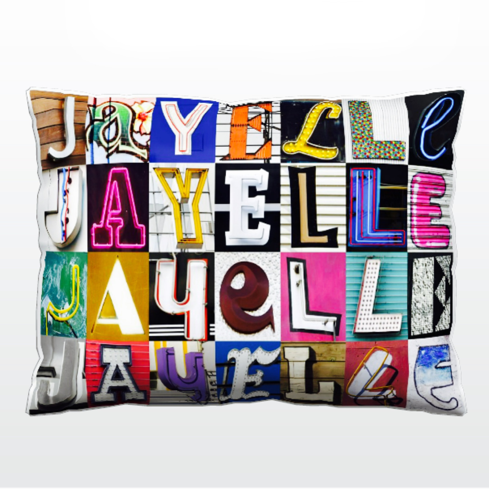 Personalized Pillow featuring the name JAYELLE in photos of sign ...